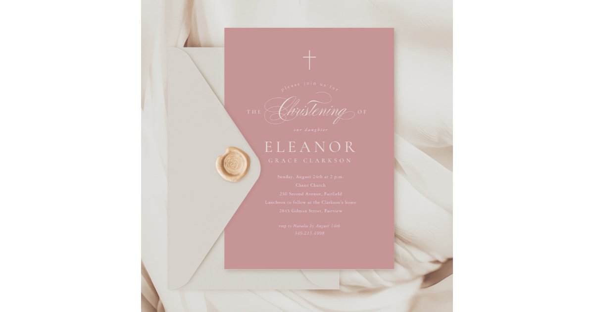 Pink Simple Elegant Cross Calligraphy Christening Invitation | Zazzle