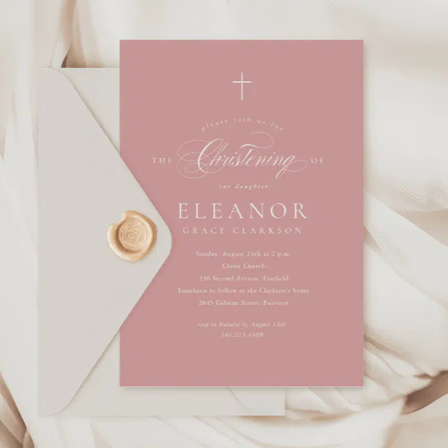 Pink Simple Elegant Cross Calligraphy Christening Invitation | Zazzle