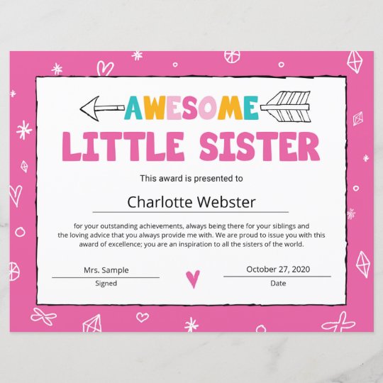 Pink Sister Certificate Little Sister Certificate | Zazzle.com