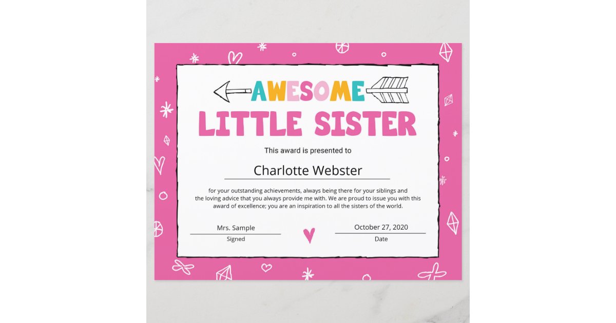 Pink Sister Certificate Little Sister Certificate | Zazzle