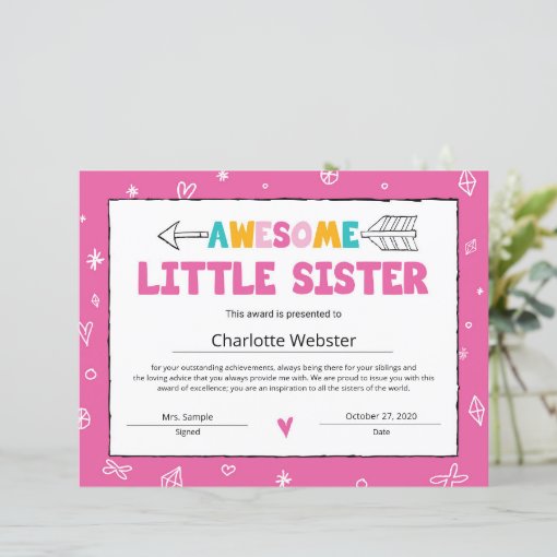 Pink Sister Certificate Little Sister Certificate | Zazzle
