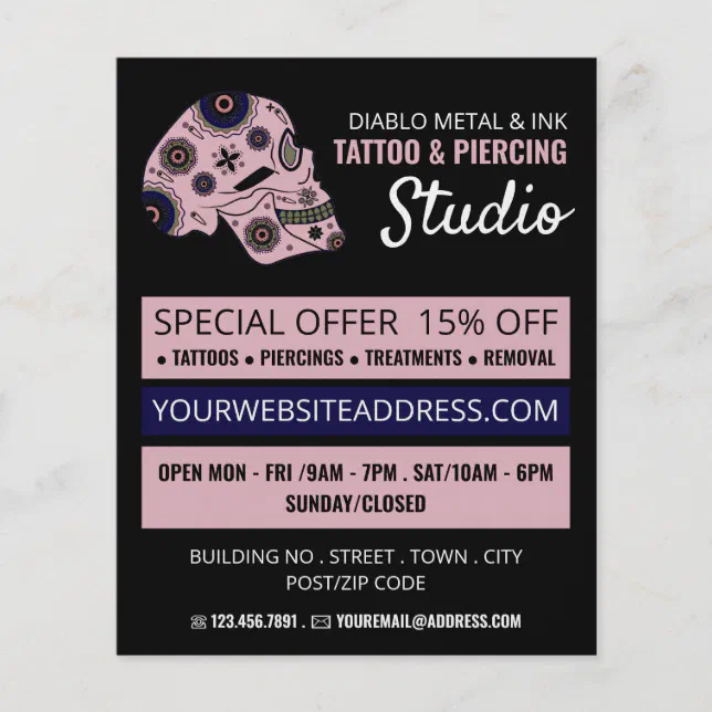 Pink Skull Tattoo, Tattoo & Body Piercing Studio Flyer | Zazzle