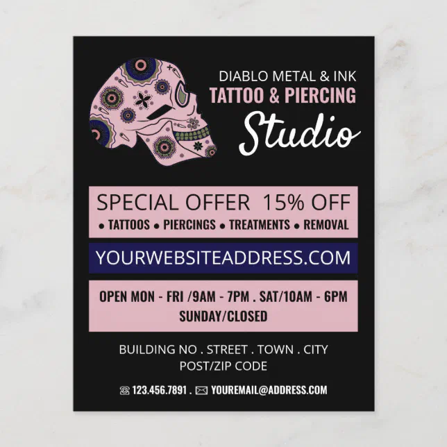 Pink Skull Tattoo, Tattoo & Body Piercing Studio Flyer | Zazzle
