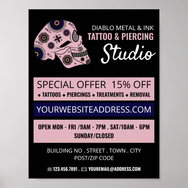 Pink Skull Tattoo, Tattoo & Body Piercing Studio Poster | Zazzle