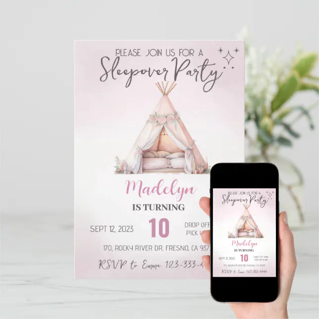 Pink Sleepover Boho Teepee Slumber Party Birthday Invitation | Zazzle