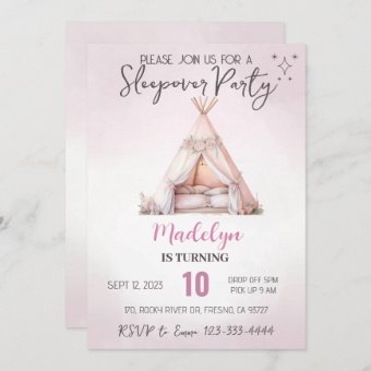 Pink Sleepover Boho Teepee Slumber Party Birthday Invitation | Zazzle