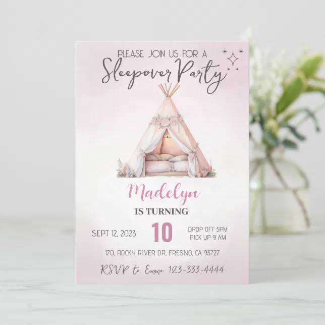 Pink Sleepover Boho Teepee Slumber Party Birthday Invitation | Zazzle