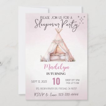 Pink Sleepover Boho Teepee Slumber Party Birthday Invitation | Zazzle
