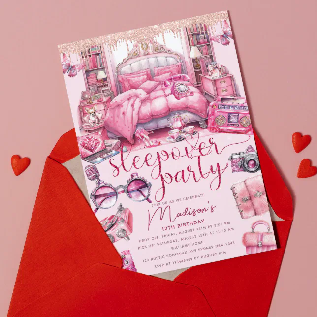 Pink Sleepover Girl Birthday Glitter Invitation Zazzle