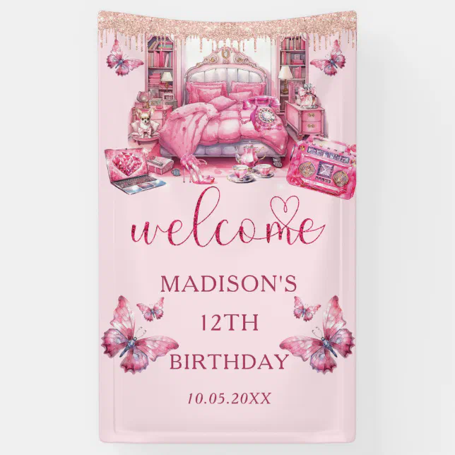 Pink Sleepover Girl Birthday Personalized Banner | Zazzle