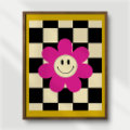 Pink Smiling Daisy on Black& White Checkered Retro Poster | Zazzle