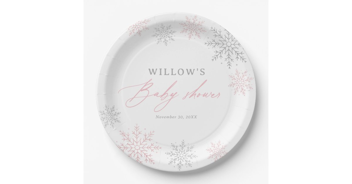 Pink Snowflake Girl Baby Shower Paper Plates | Zazzle