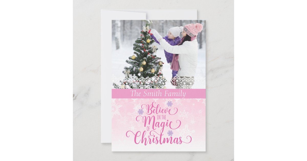 Pink Snowflake Photo Christmas Card | Zazzle
