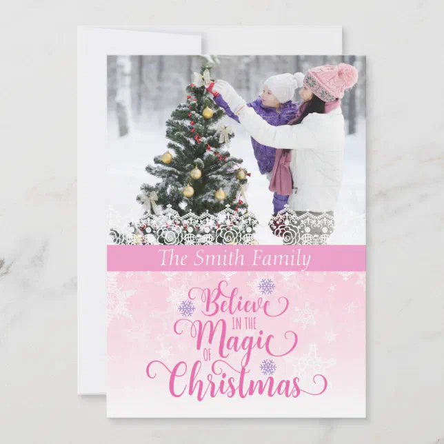 Pink Snowflake Photo Christmas Card | Zazzle