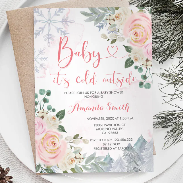 Pink Snowflakes It's Cold Outside Baby Shower Invitation | Zazzle