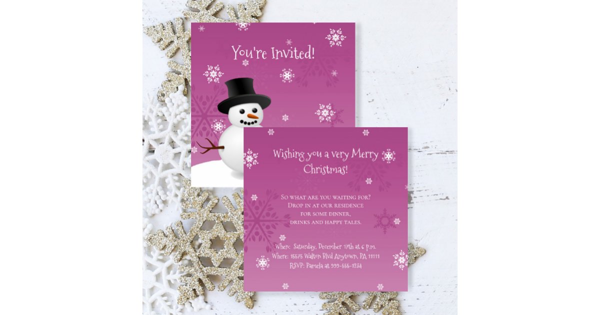 Pink Snowman Winter Scene Christmas Party Invitation | Zazzle