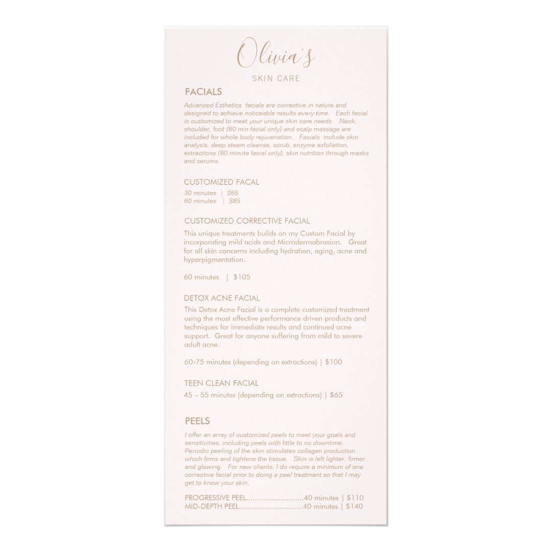 Pink Spa Skincare White Service Price Menu | Zazzle