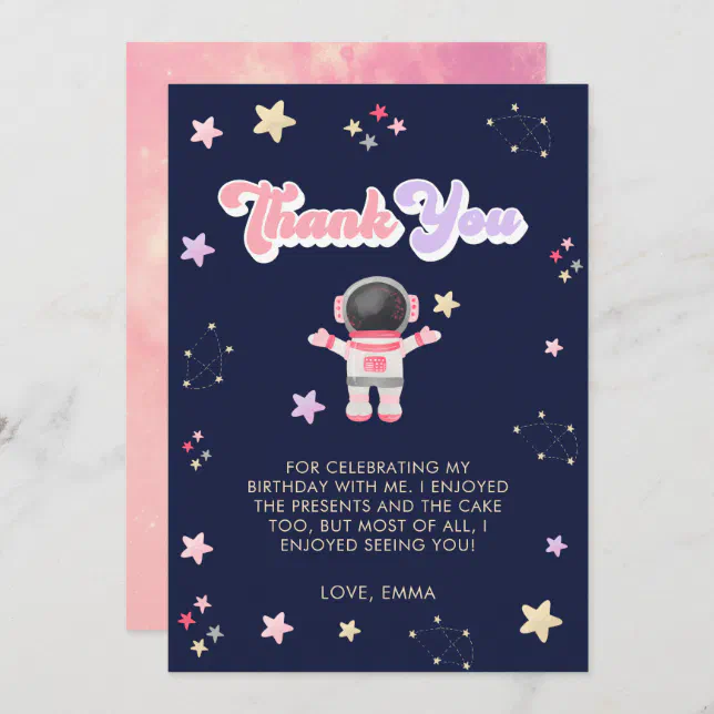 Pink Space Stars Astronaut Birthday Thank You Card | Zazzle