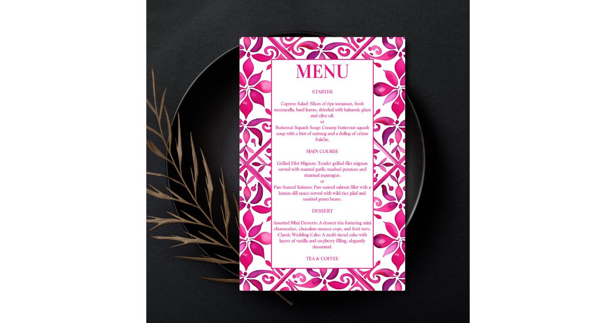 Pink Spanish Mexican talavera wedding menu | Zazzle