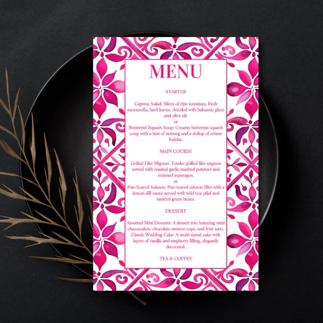 Pink Spanish Mexican talavera wedding menu | Zazzle