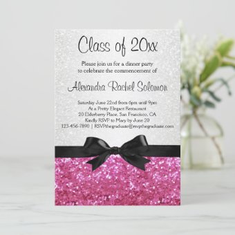 Pink Sparkle-look Bow Graduation Invitation | Zazzle