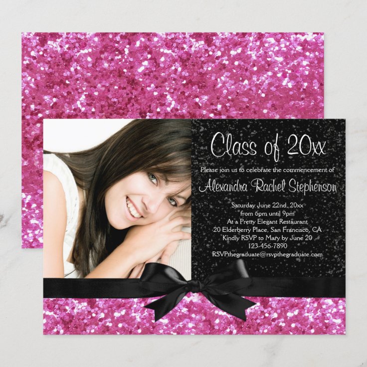 Pink Sparkle-look Bow Photo Graduation Invitation | Zazzle