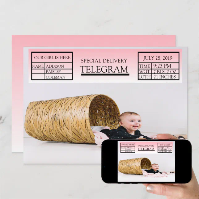 Pink Special Telegram Birth Announcement For Girl | Zazzle