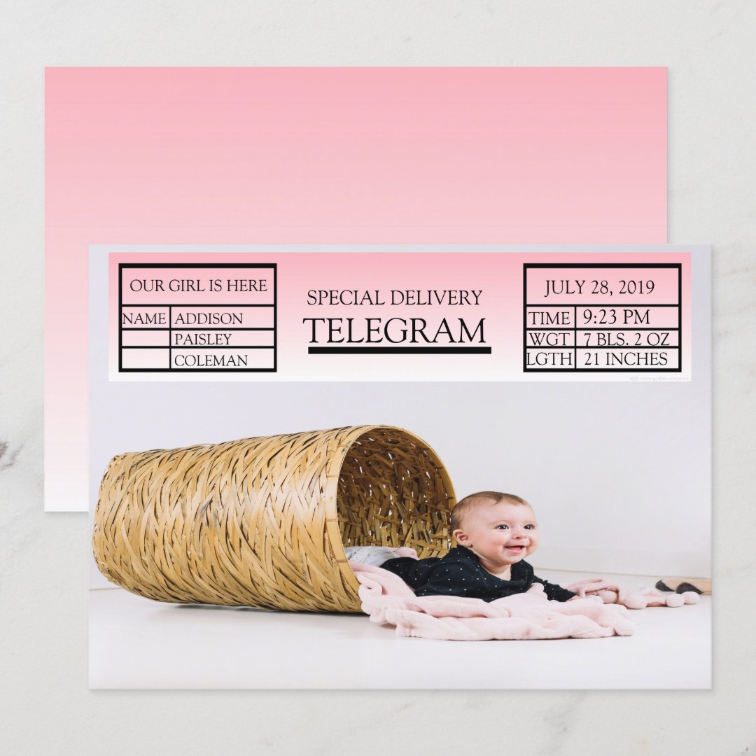Pink Special Telegram Birth Announcement For Girl | Zazzle