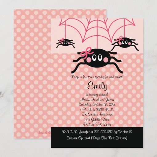 Pink Spider Halloween Birthday Invitations | Zazzle