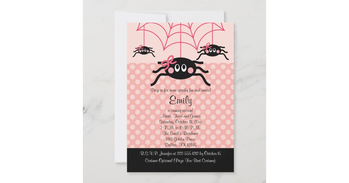 Pink Spider Halloween Birthday Invitations | Zazzle