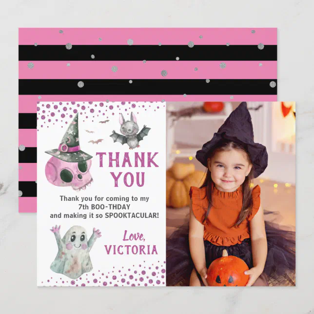 Pink Spooky Girl Halloween Photo Thank You Card | Zazzle
