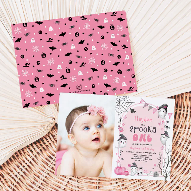 Pink Spooky One Halloween Ghost 1st Birthday Photo Invitation | Zazzle