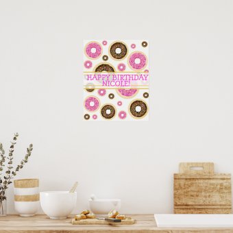 Pink Sprinkle Donuts Modern Birthday Party Banner Poster | Zazzle