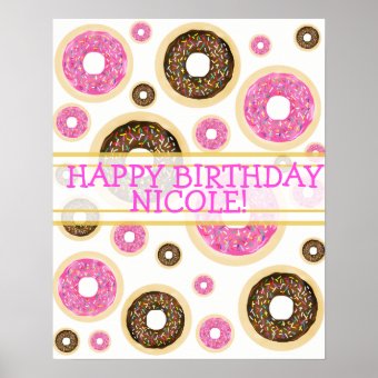 Pink Sprinkle Donuts Modern Birthday Party Banner Poster | Zazzle