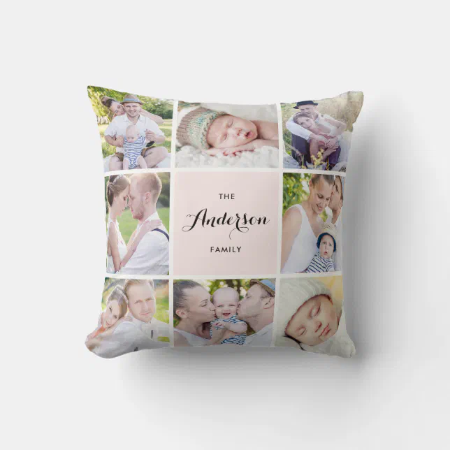 Pink Square Family Photo Collage Pillow | Zazzle