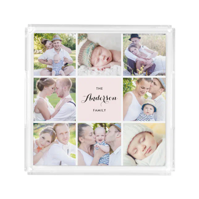 Pink Square Family Photo Collage Square Tray | Zazzle