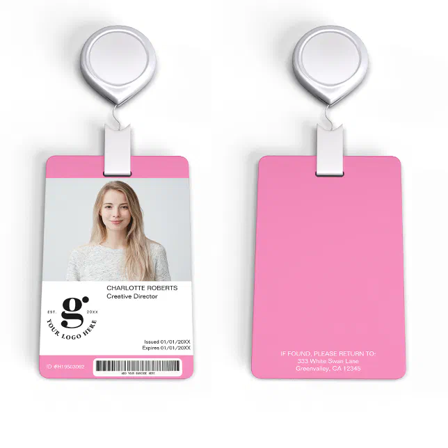 Pink Staff Photo ID Badge with Barcode | Zazzle