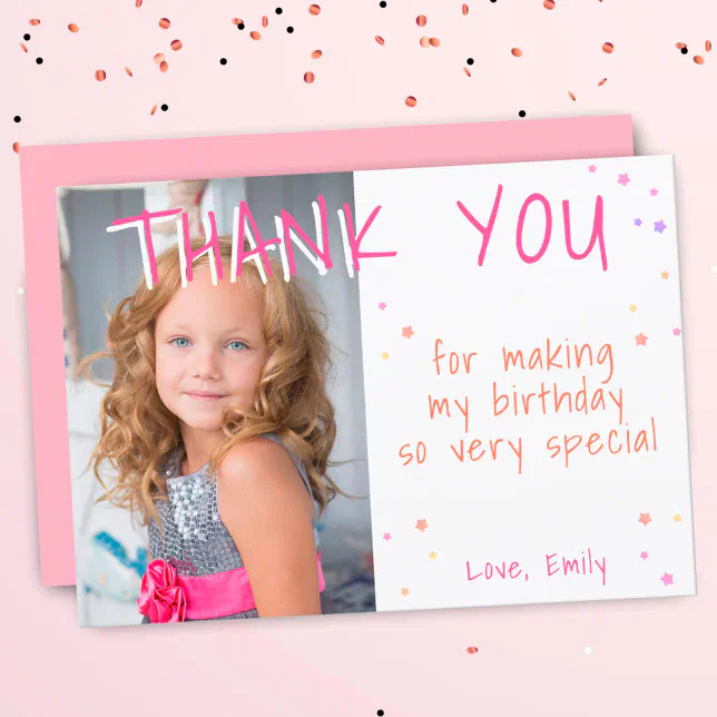 Pink Star Girl Photo Birthday Thank You Card | Zazzle