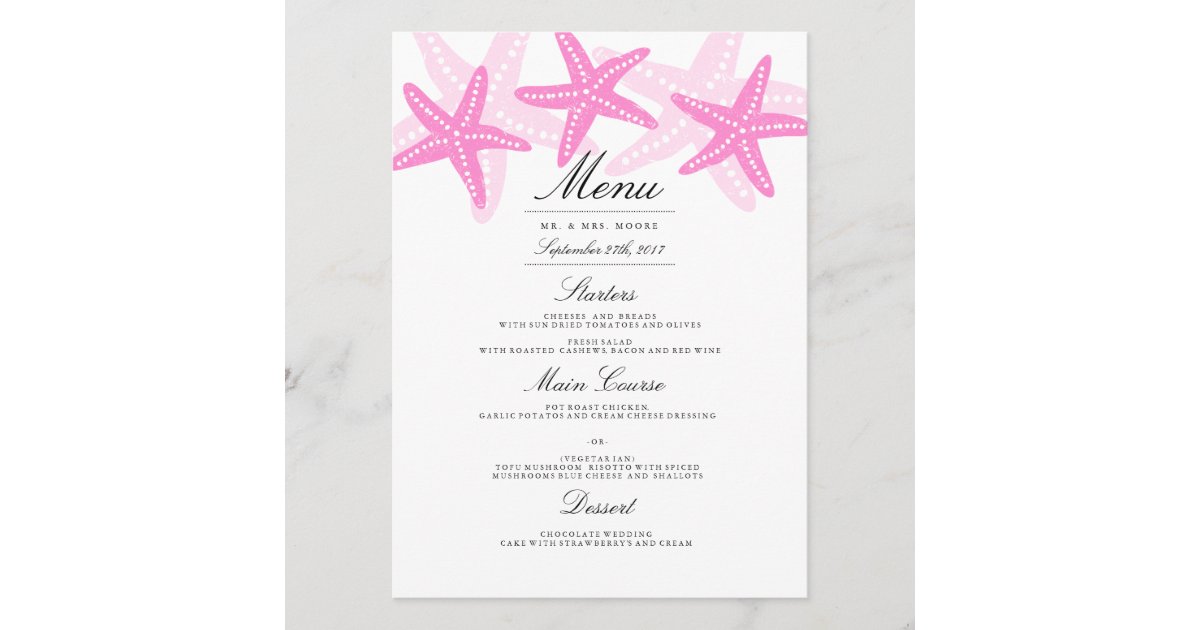Pink Starfish Beach Wedding Dinner Menu | Zazzle