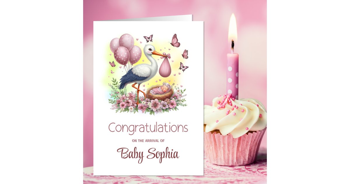 Pink Stork Baby Girl Congratulations Card | Zazzle