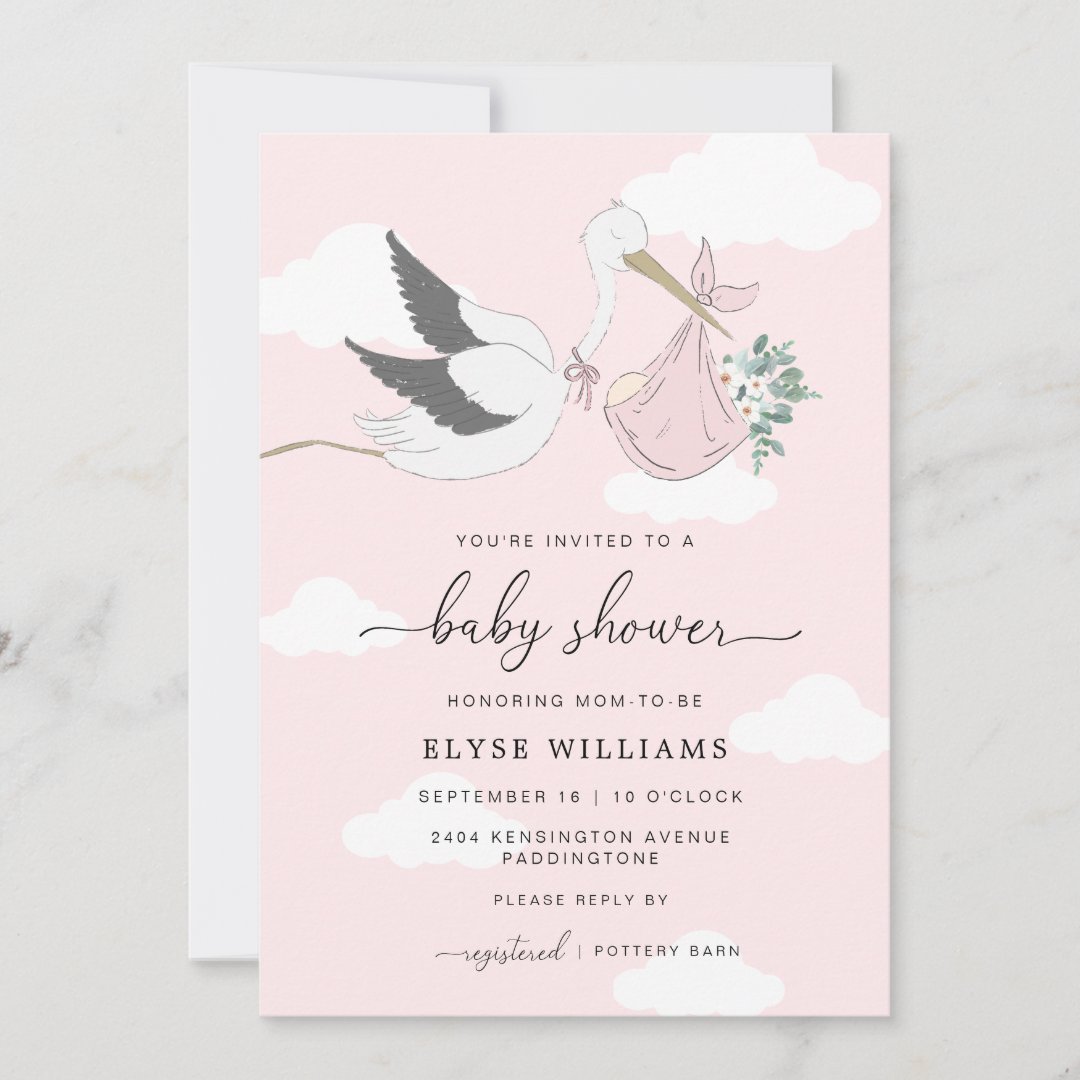 Pink Stork Baby Shower Invitation | Zazzle
