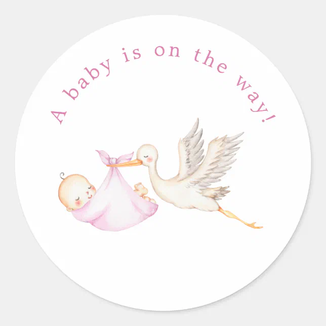 Pink Stork Baby Shower Round Sticker | Zazzle