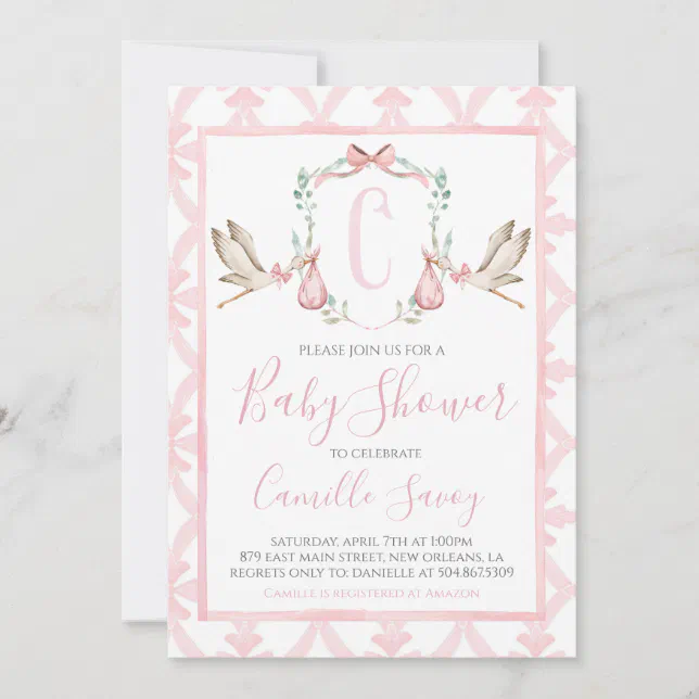 Pink Stork Girl Baby Shower Preppy Southern Invitation | Zazzle