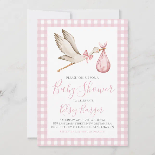 Pink Stork Girl Preppy Southern Baby Shower Invitation | Zazzle