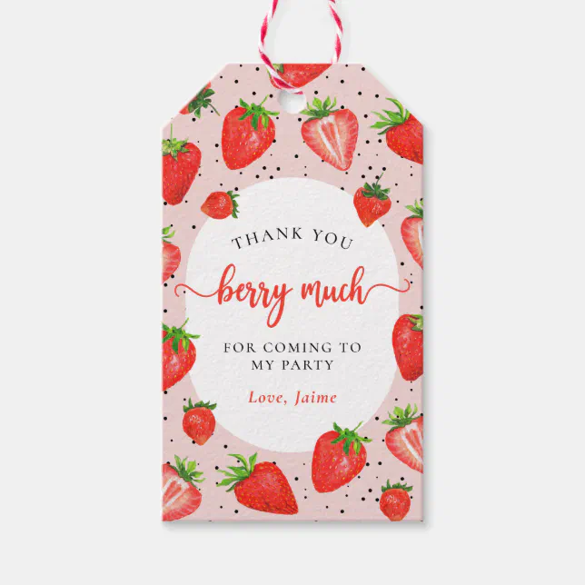 Pink Strawberry Birthday Thank You Berry Much Gift Tags | Zazzle
