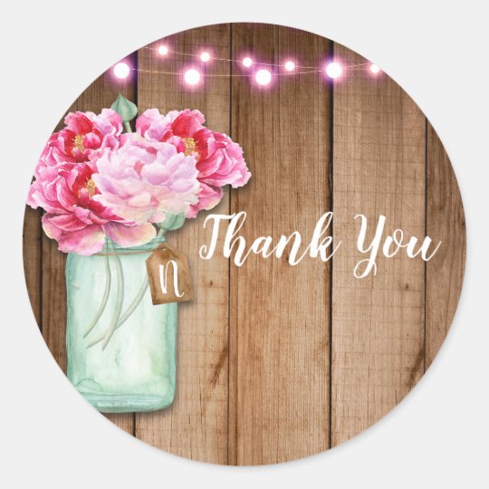 Pink String Lights And Mason Jar Flowers Rustic Wood Classic Round