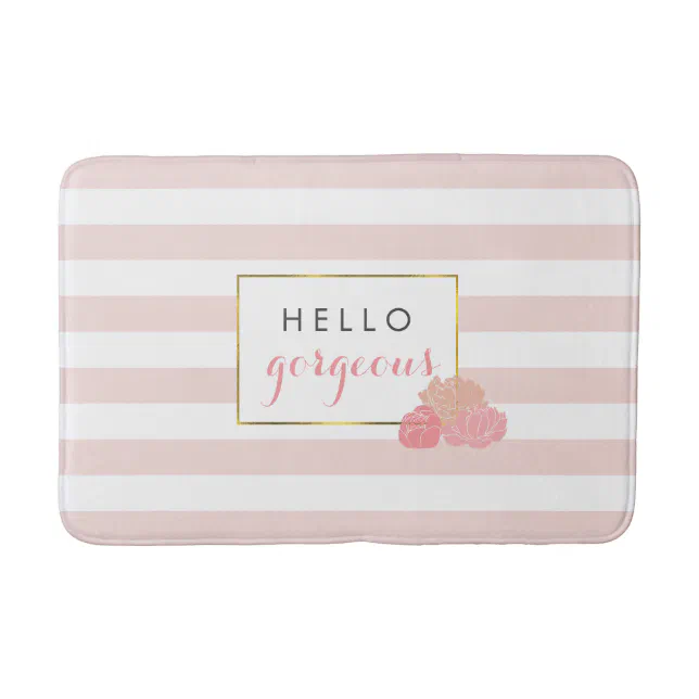 Pink Stripe & Blush Peony Hello Gorgeous Bath Mat | Zazzle