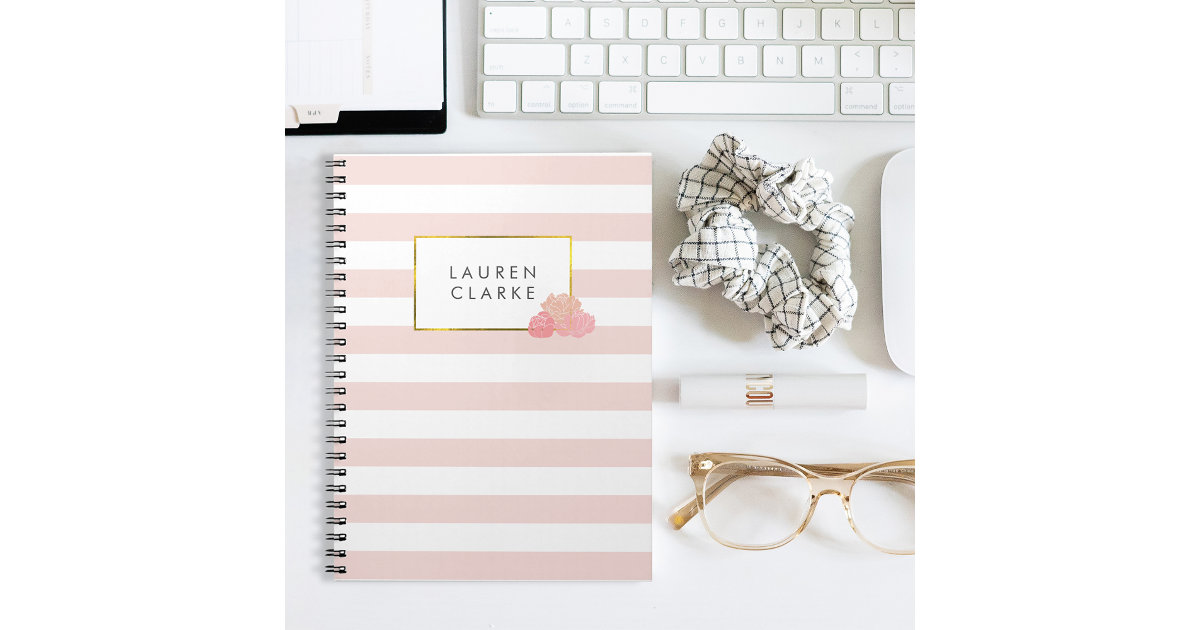 Pink Stripe & Blush Peony Notebook | Zazzle