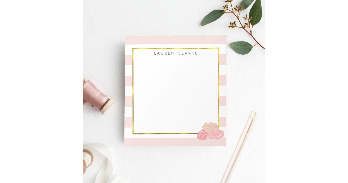 Pink Stripe & Blush Peony Personalized Notepad | Zazzle