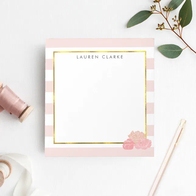 Pink Stripe & Blush Peony Personalized Notepad | Zazzle